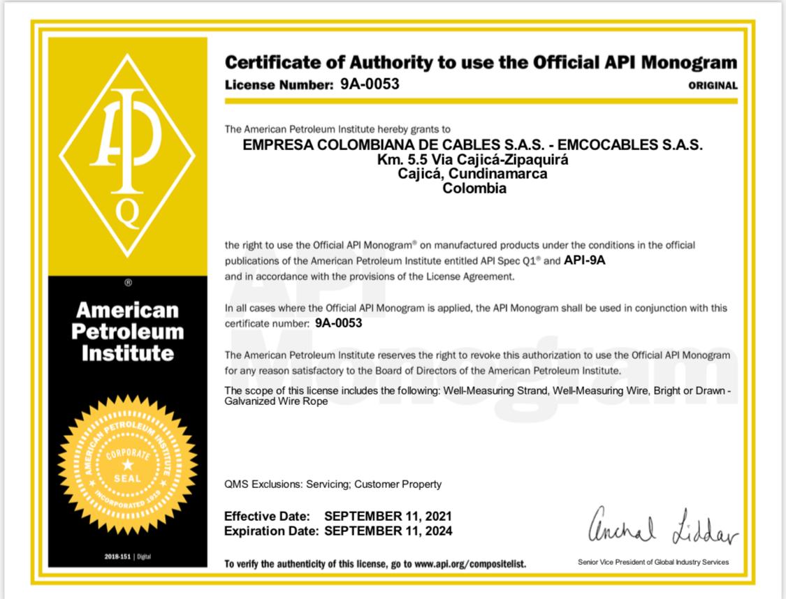 Certificado API – Emcocables